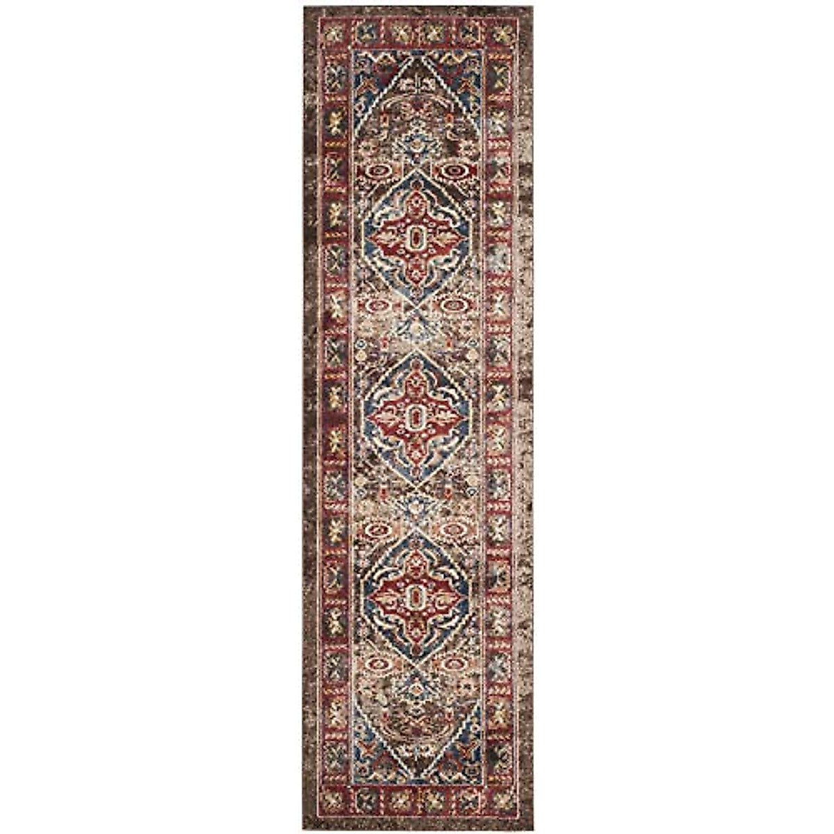 SAFAVIEH Bijar Collection 2'3" x 10' Brown / Royal BIJ621C Traditional Oriental Distressed Non-Shedding Living Room Entryway Foyer Hallway Bedroom Runner Rug