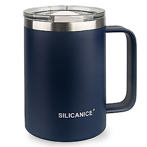 SILICANICE 14 oz Stainless Steel Vacuum Insulated Tumbler with handle & MacSlider Lid, Dishwasher Safe & Spill Proof Coffee Cup, Travel Mug for Hot/Cold Drinks, Durable Design - Navy