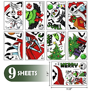 Mfault 121 PCS Merry Christmas Nigh.tmare BEF.ore Christmas Window Clings 9 Sheets, Jack Skellington Sally Xmas Tree Skull Stickers Decal Decoration, 2024 New Year Home Kitchen Winter Holiday Decor