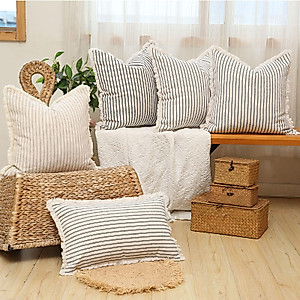 Hckot Throw Pillow Covers 18x18 Set of 2 Striped Pillow Covers with Fringe Chic Cotton Decorative Pillows Square Cushion Covers for Sofa Couch Bed Living Room Farmhouse Decor,Grey