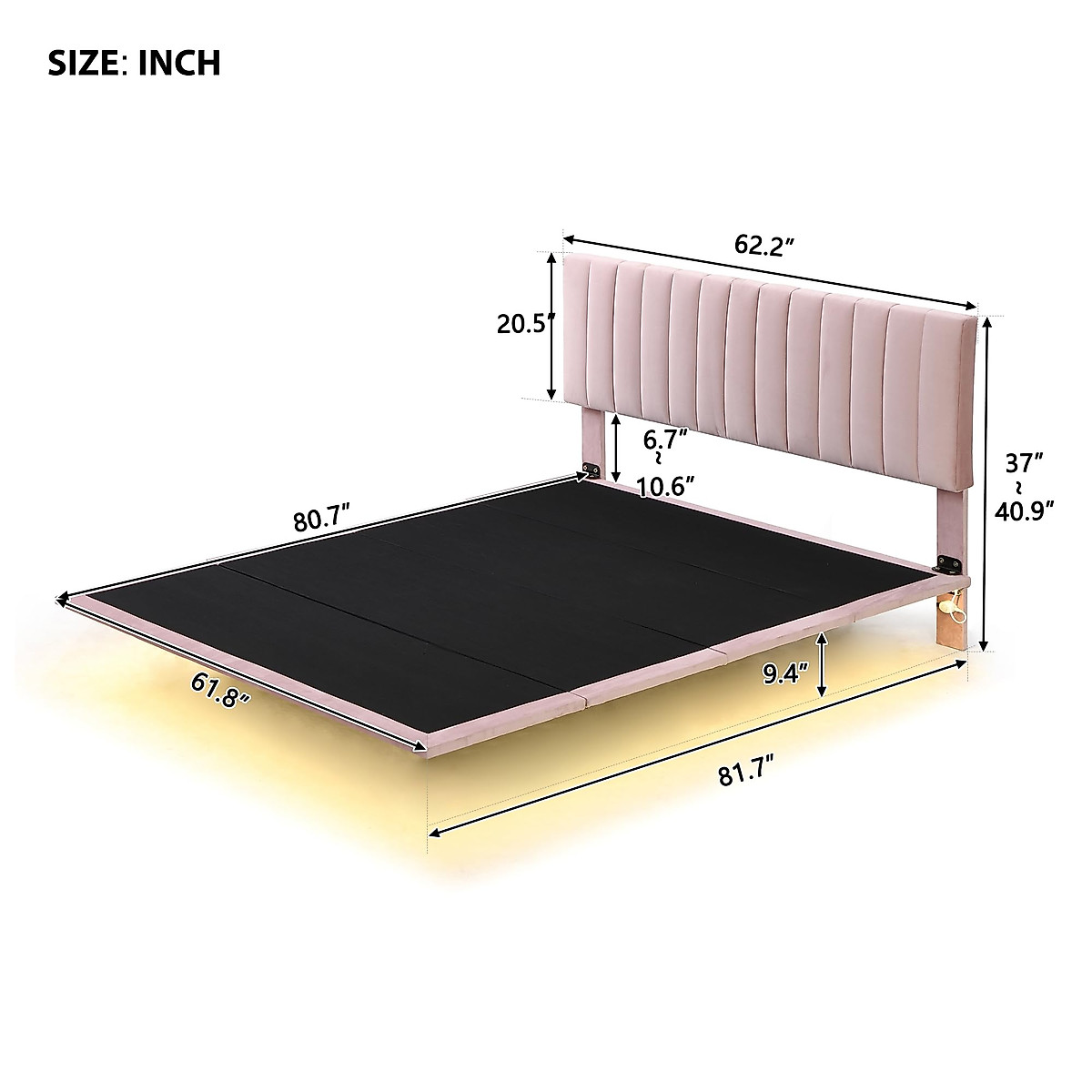 DNYN Upholstered Queen Size Floating Bed Frame with LED Lights & Headboard Design,Modern Velvet Fabric Platform Bedframe for Bedroom,Guest Room,Noise Free & Easy Assembly, Pink