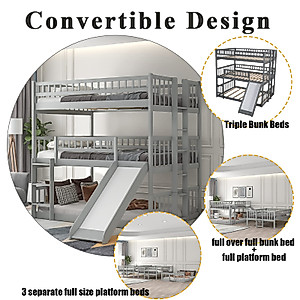 Harper & Bright Designs Triple Bunk Beds with Slide ，Wooden Bunk beds Full Over Full Over Full ，Floor Triple Bunk Bed with Ladder & Guardrails for Kids/Teens/Adults,Can be Convertible to 3 Beds,Gray