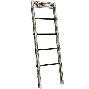MyGift Solid Torched Wood Wall Leaning Blanket Ladder Quilt Rack, Farmhouse Bathroom Storage Towel Ladder Holder with Industrial Black Metal Pipe Rung