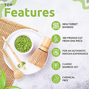 Bamboo Matcha Whisk with Bamboo Spoon and Hooked Bamboo Scoop (Chashaku) Set by MATCHA DNA - Traditional Matcha Whisk Made from Durable and Sustainable Golden Bamboo for Matcha Tea Preparation