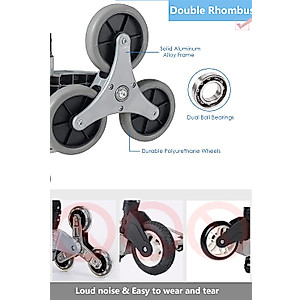 Double Rhombus Stair Climbing Cart Portable Folding Hand Truck, 330 LBS Capacity Aluminium Trolley with 3-Level Height Adjustable Telescoping Handle, 6 Rubber Wheels, 2 Bungee Cords, All Terrain