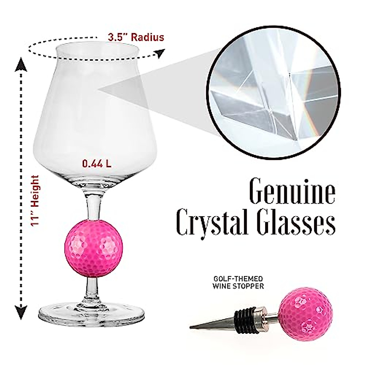 FunPro Crystal Wine Glass with Real Golf Ball - Set of 2, Patent Pending, Hand Blown Premium Genuine Crystal Clear Wine Glass, Modern Long Stem White & Red Wine Glass for Party, Wedding & Home, Pink