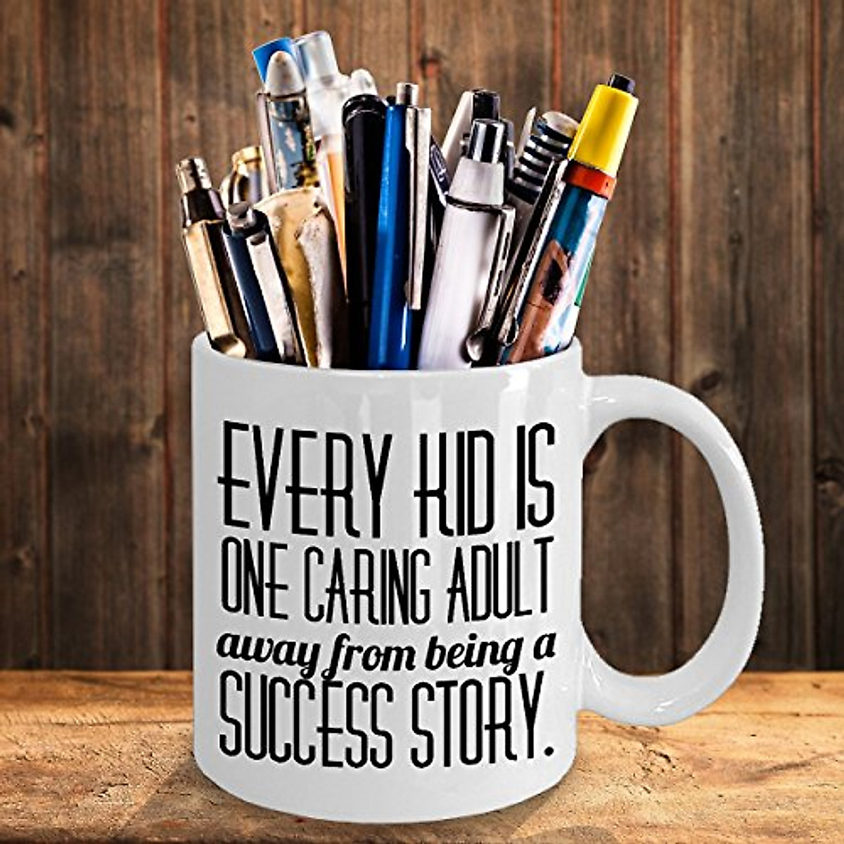 Teacher Mug (15 oz) Every Kid Is One Caring Adult Away From Being a Success Story Mugs With Quotes by Vitazi Kitchenware, Ceramic Coffee Cup - Gift for Coaches, Teachers, Social Workers (White)