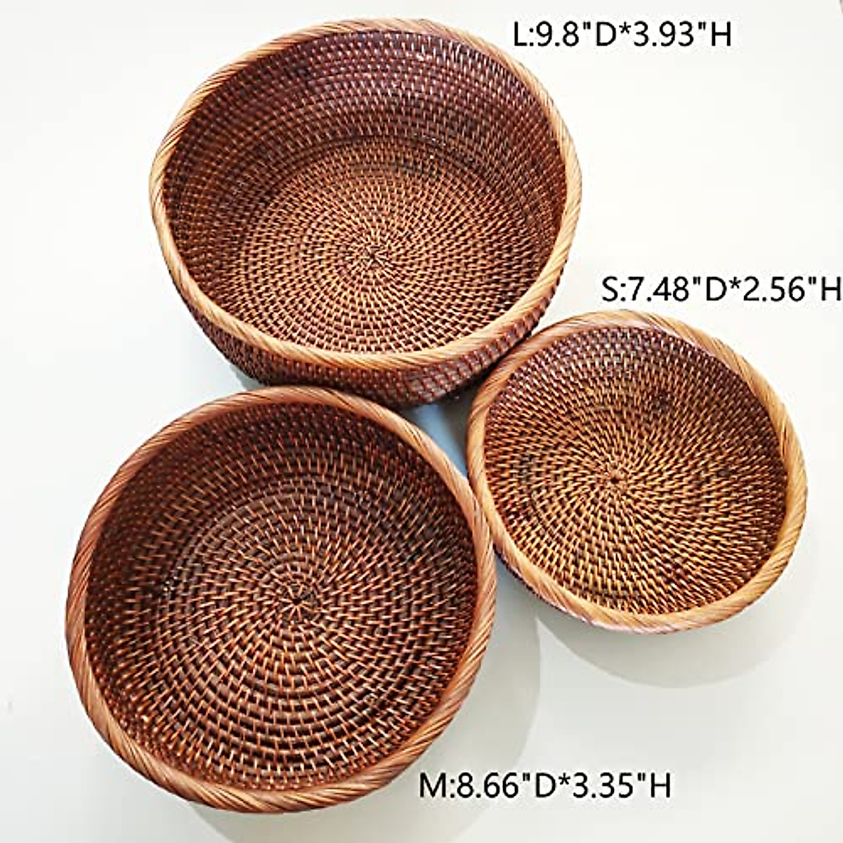 AMOLOLO 3 Pack Round Rattan Bowl Basket, 8 9 10 Inch Handmade Wicker Basket Tray with Scalloped Edge and 3”Deep Wall, Woven Dark Brown Bread Basket Fruit Bowl Key Holder Table Centerpiece, 3-Size
