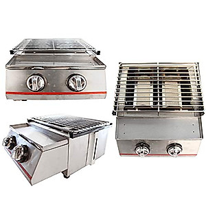 2 Burner Gas Tabletop Griddle, Commercial Gas BBQ Grill 2800Pa Stainless Steel Gas Grill for Outdoor Camping Party Tailgating (2-Burner)