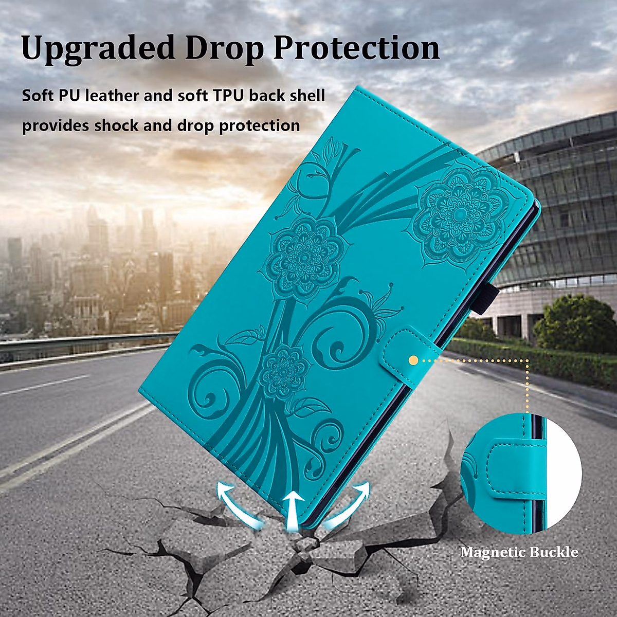 Kitzomi Case for Samsung Galaxy Tab A8 10.5 inch 2022,Premium PU Leather Embossed Mandara Folio Stand with Auto Wake/Sleep&Card Holder Cover for Tab A8 SM-X200/X205/X207 Tablet,Turquoise