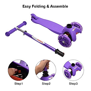 ChromeWheels Scooter for Kids, Deluxe 3 Wheel Scooter for Toddlers 4 Adjustable Height Glider with Kick Scooters, Lean to Steer with LED Flashing Light for Ages 3-6 Girls Boys, Purple