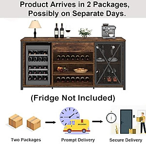 LVB Large Bar Cabinet with Fridge Space, Rustic Long Liquor Cabinet with Drawer Storage, Farmhouse Wood Metal Wine Cabinet with Rack, Sideboard Buffet for Kitchen Dining Room, Rustic Brown, 70 Inch