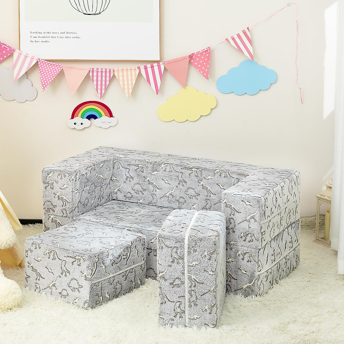 ALIMORDEN 3-in-1 Modular Toddler Couch, Glow-in-The-Dark Dinosaurs Flip Out Kids Couch, Nugget Couch with Two Ottomans and Side Pocket for Boys and Girls, Grey