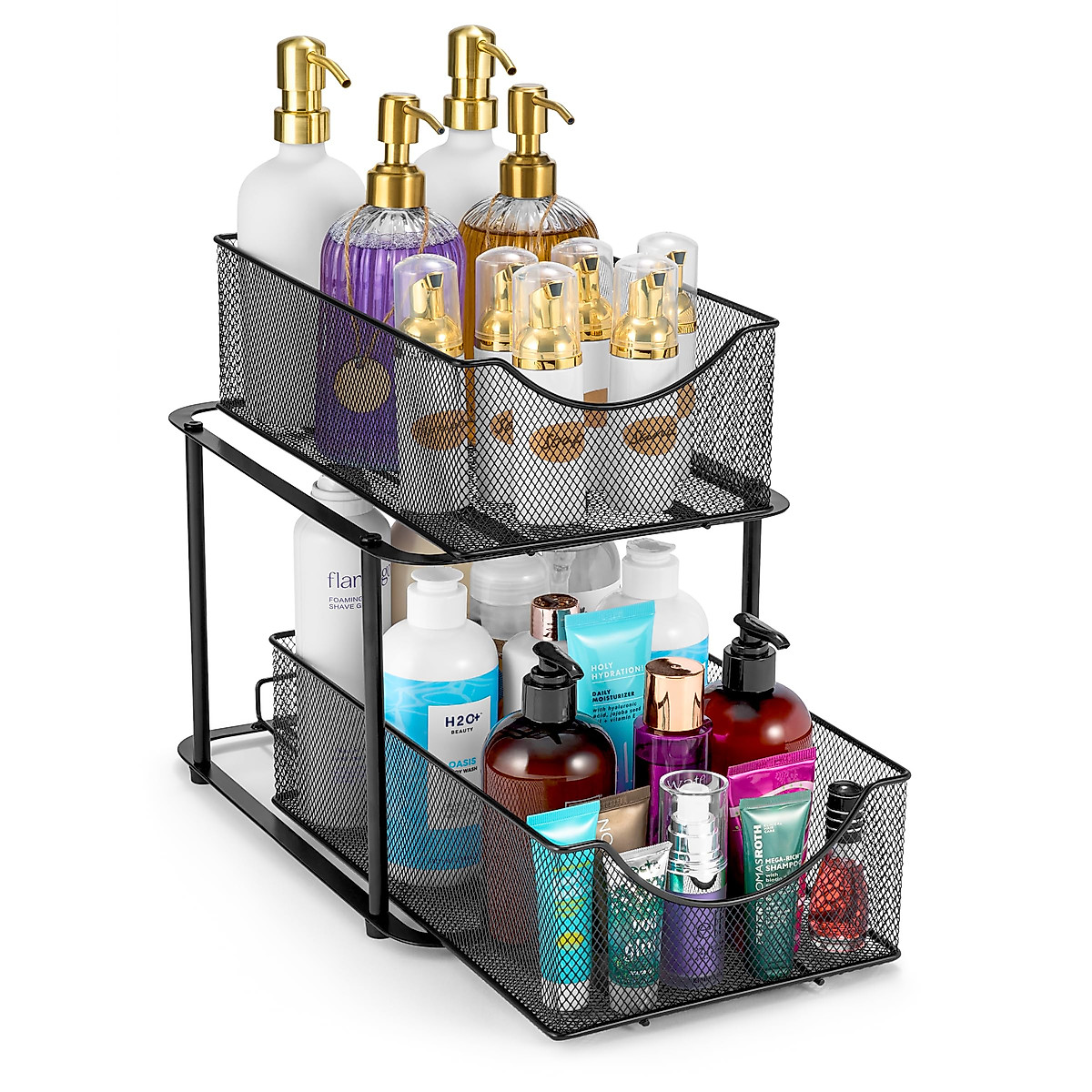 Sorbus 2 Tier Under the Sink Organizer Baskets with Mesh Sliding Drawers —Ideal for Cabinet, Countertop, Pantry, and Desktop, for Bathroom, Kitchen, Office, etc.—Made of Steel (Black)