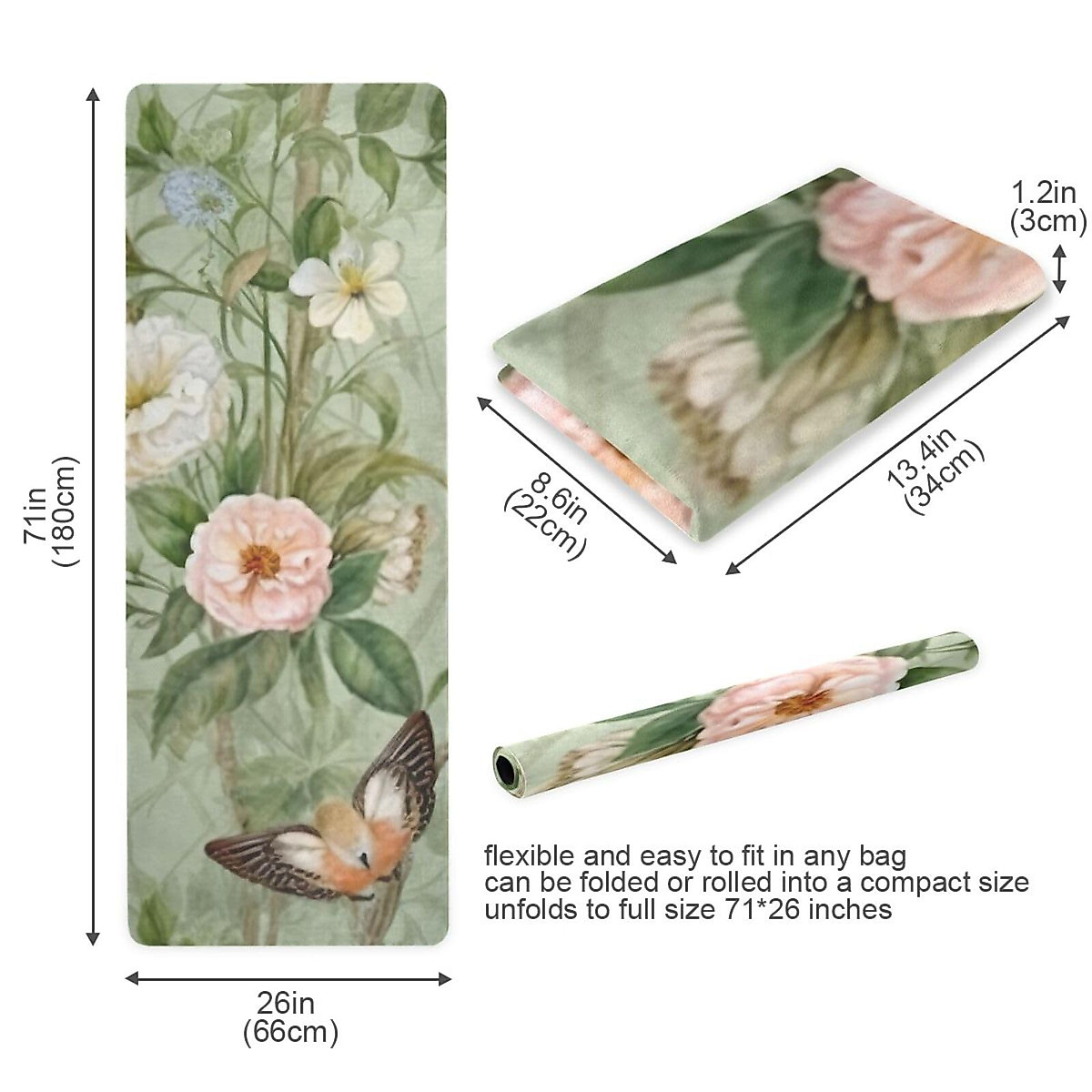 GOODOLD Pretty Bird Yoga Mat, 71 x 26 Inch Non-slip Yoga Mats Folding Travel Exercise Mat Indoor Outdoor Gym Pilates with Storage Bag for Women Men