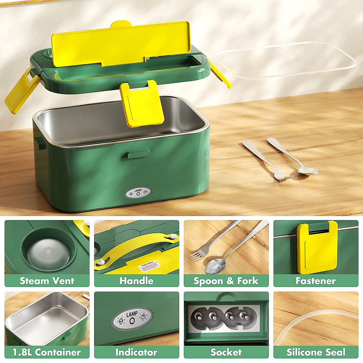 AHNR Electric Lunch Box 80W Food Heater, 3 IN 1 Portable Heated Food Warmer Lunch Box Leakproof for Car Truck Home Work with 1.8L Removable 304 Stainless Steel Container, 12V 24V 110V(Green)