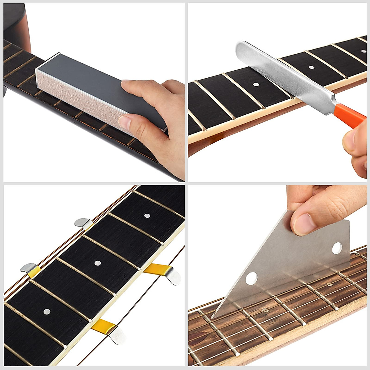 Guitar Luthier Tool Set Including Guitar Fret Crowning File, Fret Leveling Beam Sanding Leveler Beam, Fret Rocker, Fingerboard Guards, String Spreaders and Replacement Sanding Papers for Guitar Bass