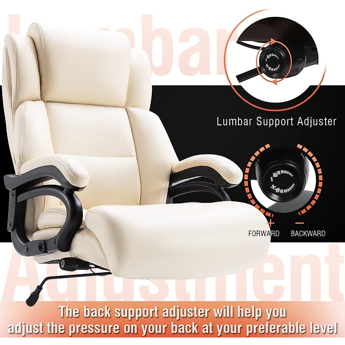 Big and Tall 400lbs Office Chair - Adjustable Lumbar Support Heavy Duty Metal Base Quiet Rubber Wheels High Back Large Executive Computer Desk Swivel Chair, Ergonomic Design for Back Pain, Beige