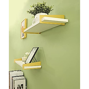 Firsttry Floating Shelves ,Gold Metal Brackets White Rustic Wood Wall Storage Shelf , Photo Display Ledges,for Bathroom, Living Room, Bedroom, Kitchen, Office, Bookshelf。