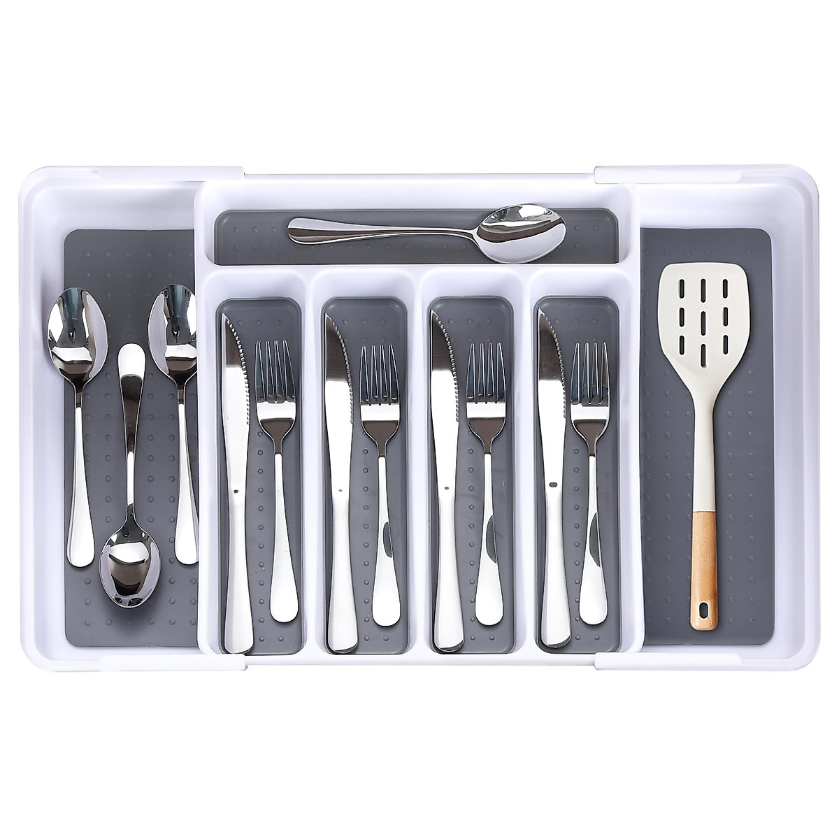 CiWiVOKi Utensil Drawer Organizer, Expandable Silverware Organizer for Kitchen Drawer, Large Cutlery Tray Flatware Holder, Plastic Kitchen Storage for Spoons Knives Forks, 7-Slots, White/Grey