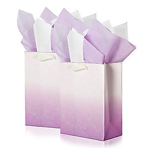 UNIQOOO 12Pcs Ombre Purple Gift Bags Bulk w/ 24 Tissue Paper, 9 x 7 x 4 In, Gradient Pastel Glitter Paper Gift Wrap Bag, Recyclable Gift Packaging for Wedding Birthday Mother's Day Baby Shower Party Favor Décor