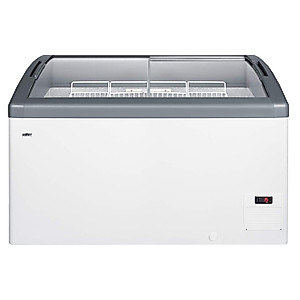 Summit FOCUS171 Top Display Commercial Freezer with 17.1 cu. ft. Capacity Digital Thermostat Sliding Glass Lid Manual Defrost Casters Hammered Aluminum Interior in White