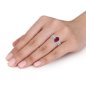 GEMVIO Collection 9X6MM Pear Cut Lab Created Ruby Gemstone & Natural Diamond Bridal Set Teardrop Engagement Ring In 14K White Gold Over Sterling Silver Anniversary Wedding Ring(1.40 Cttw)-5