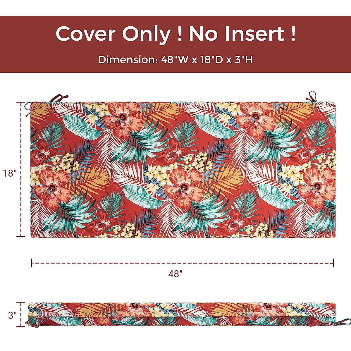 IN4 Care Patio Bench Cushion Covers for Outdoor Furniture with Ties, Water Resistant Loveseat/Settee Cushion Slipcover 48x18x3 Inch for Swing Porch Garden (Replacement Cover Only)-Chili Red Floral