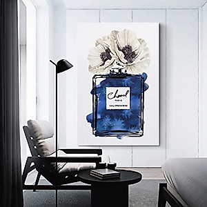 Fashion CHANEL Perfume Bottle With Blue & White Poppy Flower Canvas Print Poster Poster Modern Office Family Bedroom Wall Art Decorative Picture Posters Room Aesthetic Decor Painting Canvas Gift 12x18inch(30x45cm)
