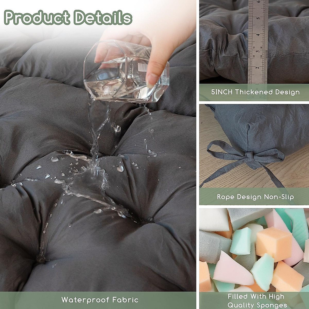 HIGOGOGO Outdoor Cushions for Patio Furniture, Porch Swing Cushions 2-3 Seater, 5" Thicken Outdoor Bench Cushion with Backrest and Ties, Swing Cushions Replacement for Patio,Backyard and Garden