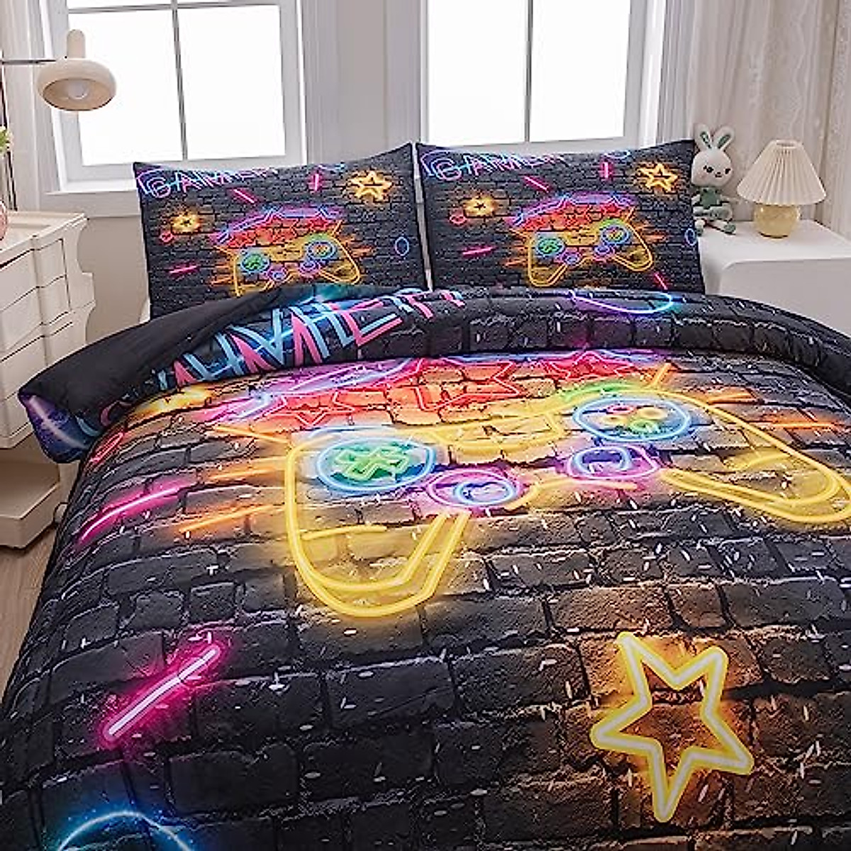 MWMWMW Kids Bedding Sets for Boys Teens, Boys Queen Comforter Set, Gaming Comforter Sets for Boys, 3D Gaming Geometric Lightweight Microfiber Bedding Sets (1 Comforter +2 Pillowcases)