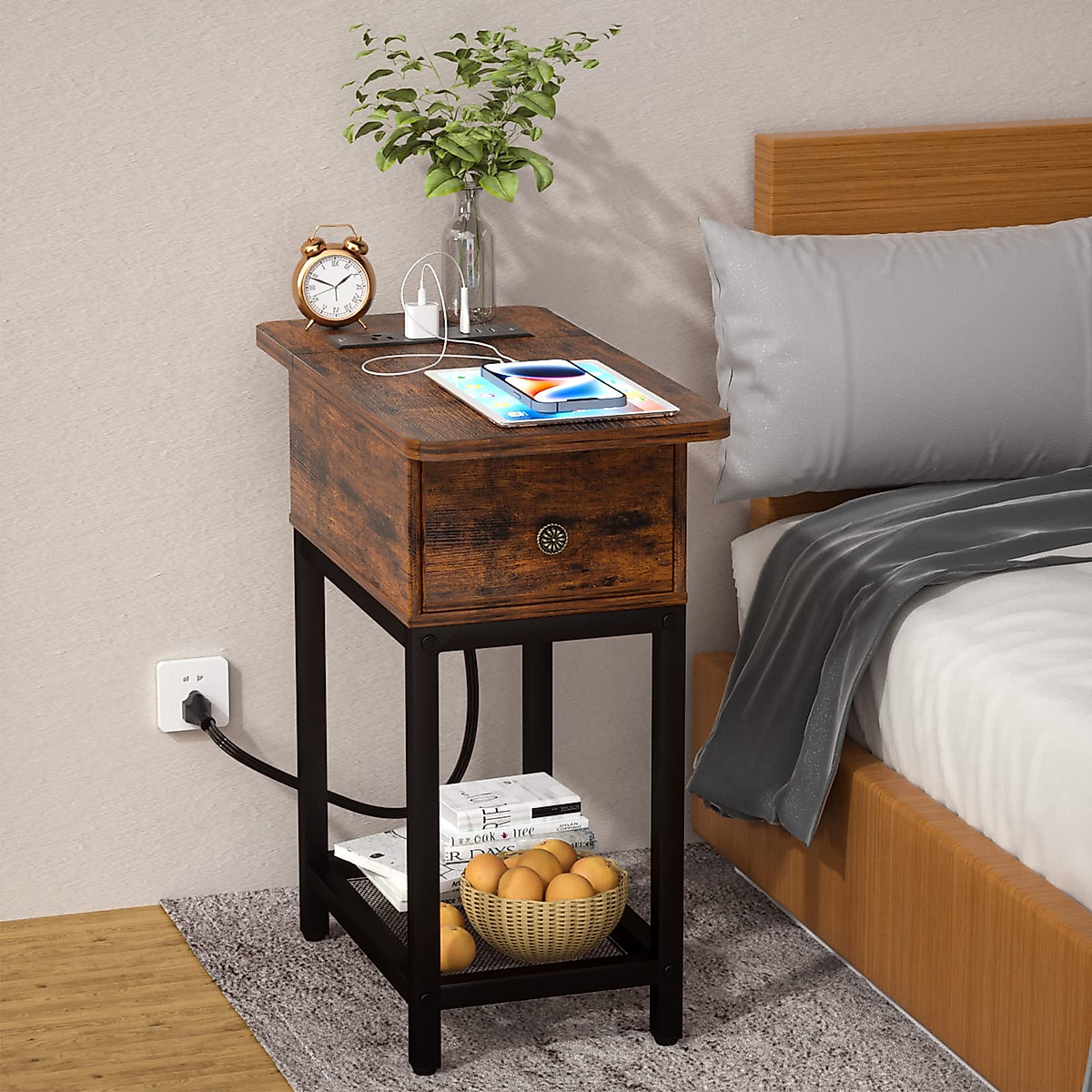 Yenlure Side Table Night Stands End Table with Charging Station Drawers Narrow End Tables Living Room Bedroom Side Table for Small Spaces Rustic Brown