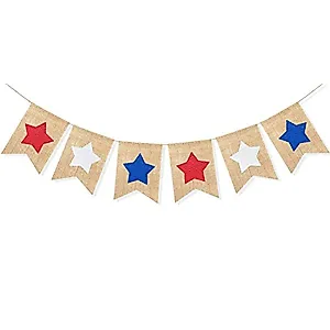 Uniwish Red White and Blue Stars Banner, Patriotic 4th of July Decorations American Independence Day Garden Flag Garland Burlap Bunting Sign