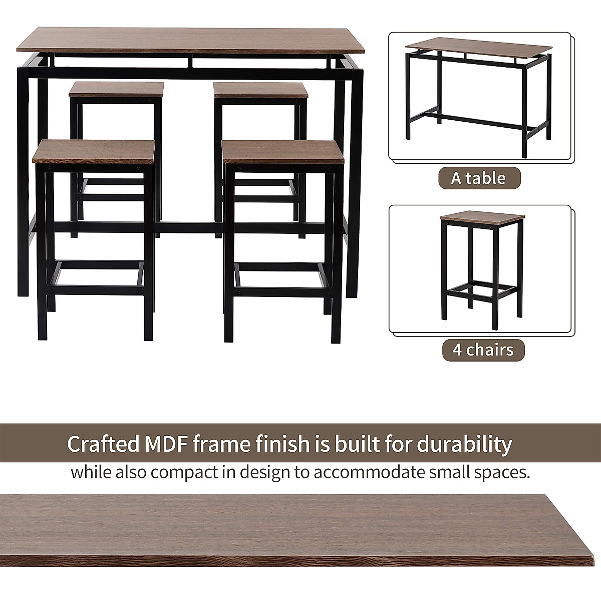 Merax 5-Piece Kitchen Counter Height Table Set, Industrial Dining Table with 4 Chairs, Small Space Table & Chairs, Kitchen Table Set for 4 People (Dark Brown +Black)