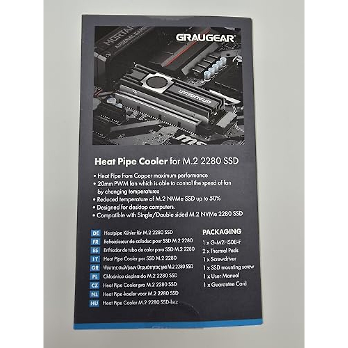GRAUGEAR M.2 2280 SSD Heatsink, Direct-Touch Heat of Copper Heat Pipe, 20mm Built-in Cooling Fan, Aluminum Plate-Fin Design, Thermal Pads incl. Cooler for M.2 NVMe/SATA [G-M2HS08-F]