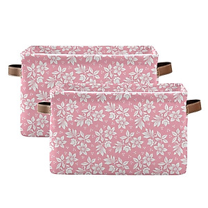 NFMILI Floral Pink and White Storage Basket, Fabric Storage Cubes Bins, Open Home Storage Bins with Handles, Foldable Cubes Closet Organizer Boxes 14.2 x 10.2 x 8.3 in (Large - 2 Pack)
