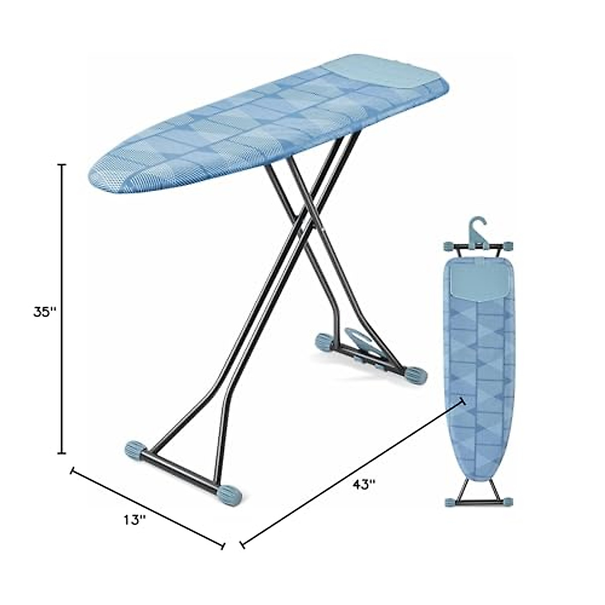 APEXCHASER Ironing Board with Iron Rest, Compact and Space Saver Iron Board, Extra Thick Cover, Height Adjustable, Wall Mount & Closet Hanger 13x43 Blue