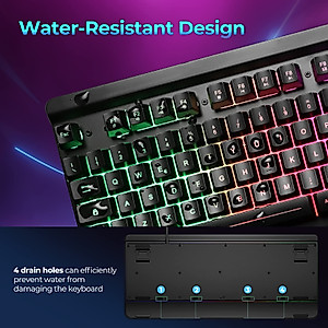 Pauroty Gaming Keyboard Metal, Rainbow LED Backlit Silent Keyboard with Wrist Rest, 104 Quiet Membrane Keys, Multimedia Keys,19 Anti-ghosting Keys, Waterproof, USB Wired Keyboard for Windows PC Gamer