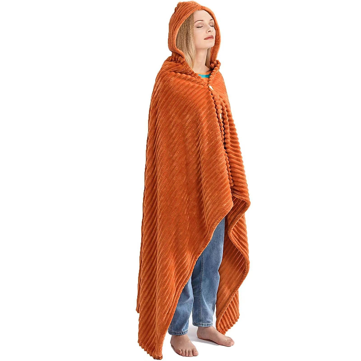 Vessia Flannel Fleece Striped Throw Blanket (50x70inch), 300GSM Microfiber Orange 2 in 1 Hooded Blanket for Adults Teenager, Soft Warm Cozy Lightweight Ribbed Wearable Throw for All-Season