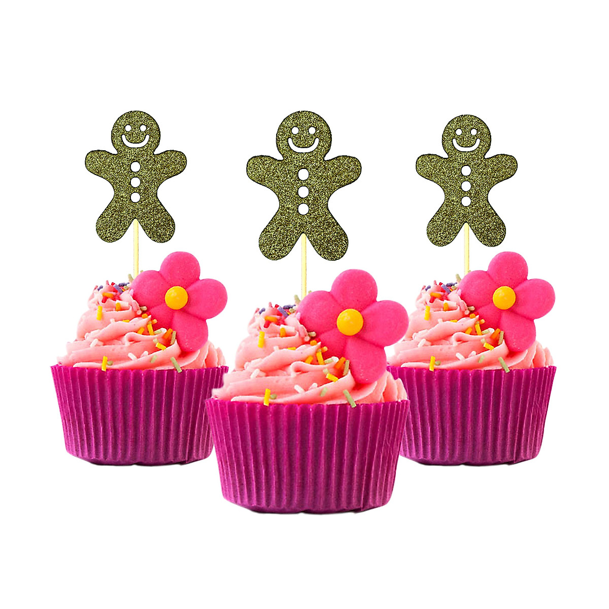 Ginger Bread man xmas tree Merry Xmas Cupcake Topper Card Stock Color Gold 12 pieces per Pack