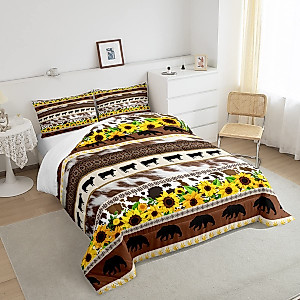Castle Fairy Golden Sunflower Comforter Set Full Size Farmhouse Rustic Wild Animal Bedding for Girls Boys Kids Room Decor Cowhide Wildlife Skin Patchwork Soft Chic Quilted Duvet with 2 Pillowcases