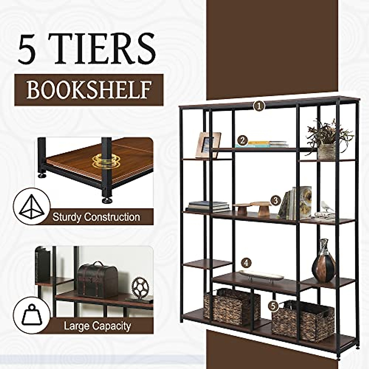5 Tier Bookshelf, Industrial Tall Bookcase, Rustic Freestanding Storage Shelf for Living Room, Bedroom and Home Office, Metal Frame, Display Décor Furniture