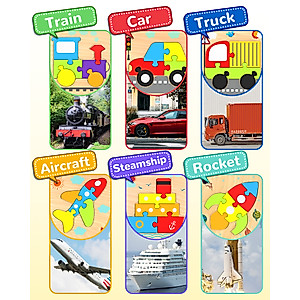 Yetonamr Wooden Toddler Puzzles Gifts Toys for 1 2 3 Years Old Boys Girls, 6 Vehicle Shape Montessori Toys Educational Blocks Kids Toys Gift Baby Learning Toy Age 1-3, 2-4