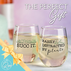 On The Rox Drinks Plant Lady Succulent Cactus Gifts for Women- Set of 2 Funny Wine Glasses 15oz (Easily Distracted by Plants - S**c It)