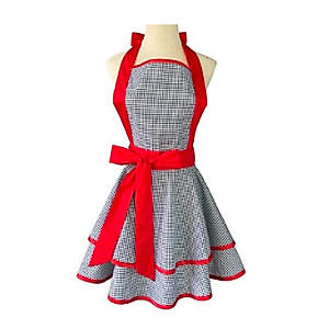 Violet Mist Cute Vintage Aprons for Women Grey Plaid Retro Aprons for Girls Ladies Christmas Apron Sexy 50s Apron Lovely kawaii Adjustable Cooking Kitchen Apron for Housewife Waitress Mother's Gift