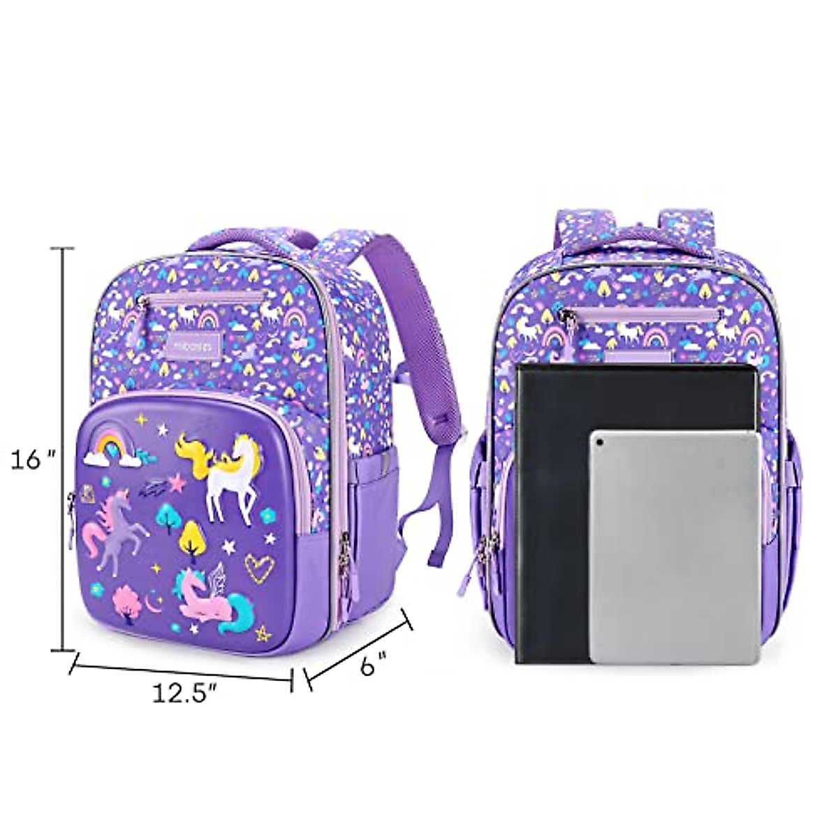 mibasies Unicorn Backpack for Girls 5-8, Large Capacity elementary school backpack(Purple Unicorn)