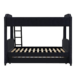 DEYOBED Twin Over Full Velvet Upholstered Bunk Bed with Trundle and Ladder, Tufted Button Design Wooden Bed Frame for Kids Teens Bedroom, Space Saving, Black