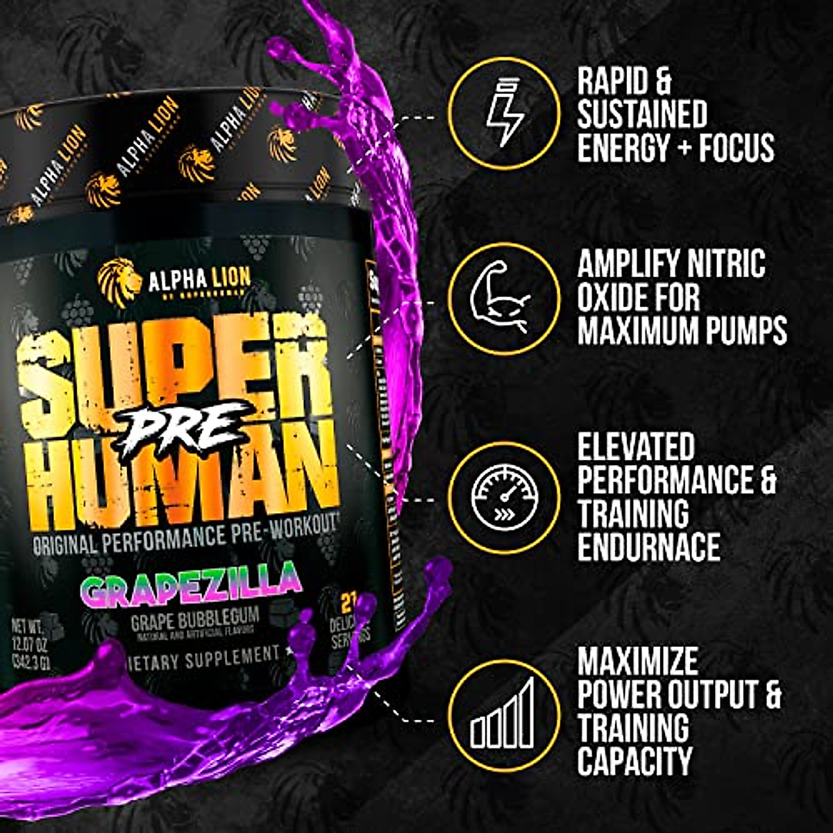 ALPHA LION Superhuman Pre Workout Powder, Beta Alanine, L-Taurine & Tri-Source Caffeine for Sustained Energy & Focus, Nitric Oxide & Citrulline for Pump (21 Servings, Grapezilla)