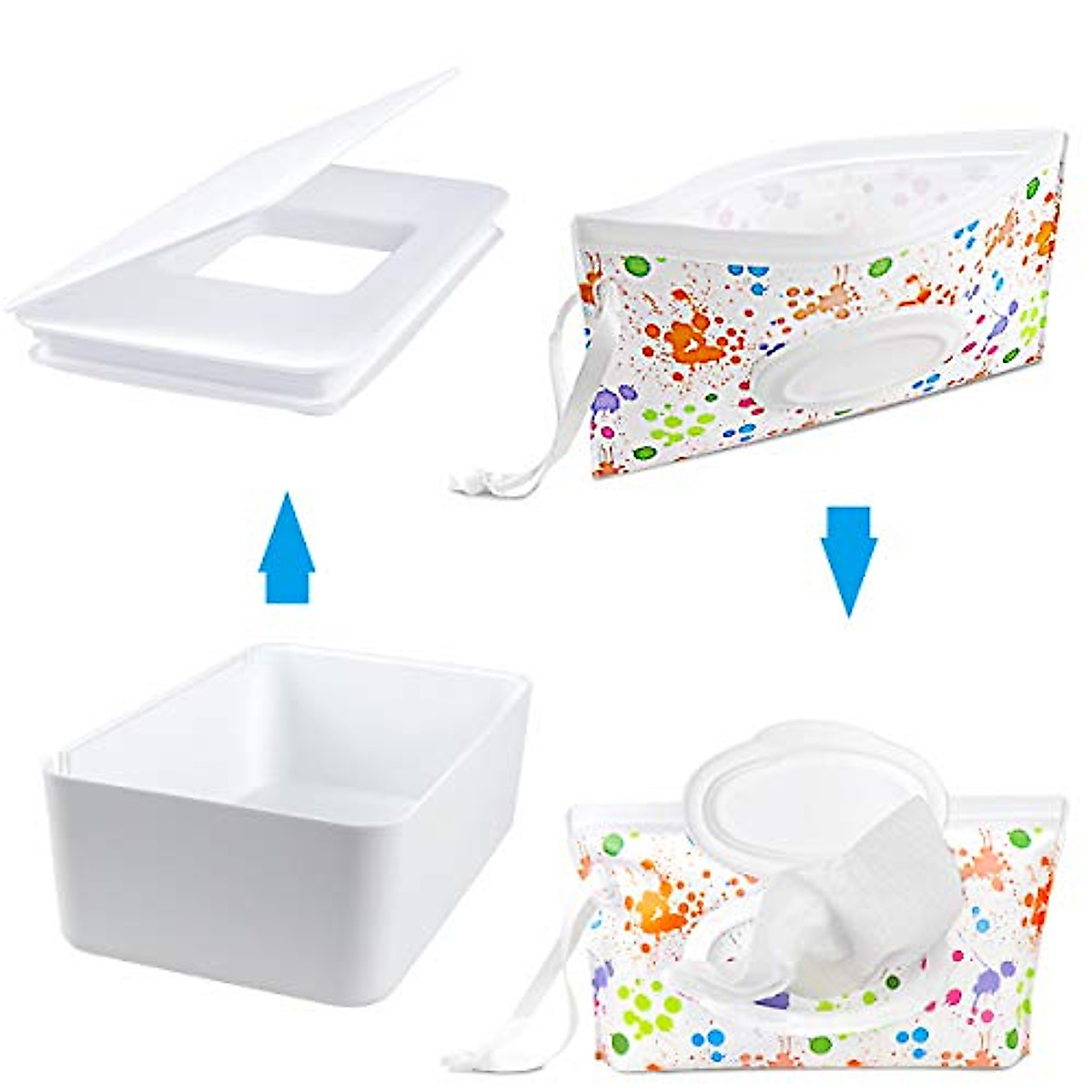 DOERDO 3 PCS Wipe Dispenser and Wet Wipe Pouch Bags Baby Wipe Holder with Lid Wipes Box Tissue Case Box Keeps Baby Wipe Fresh and Safe(White&2 Bags)