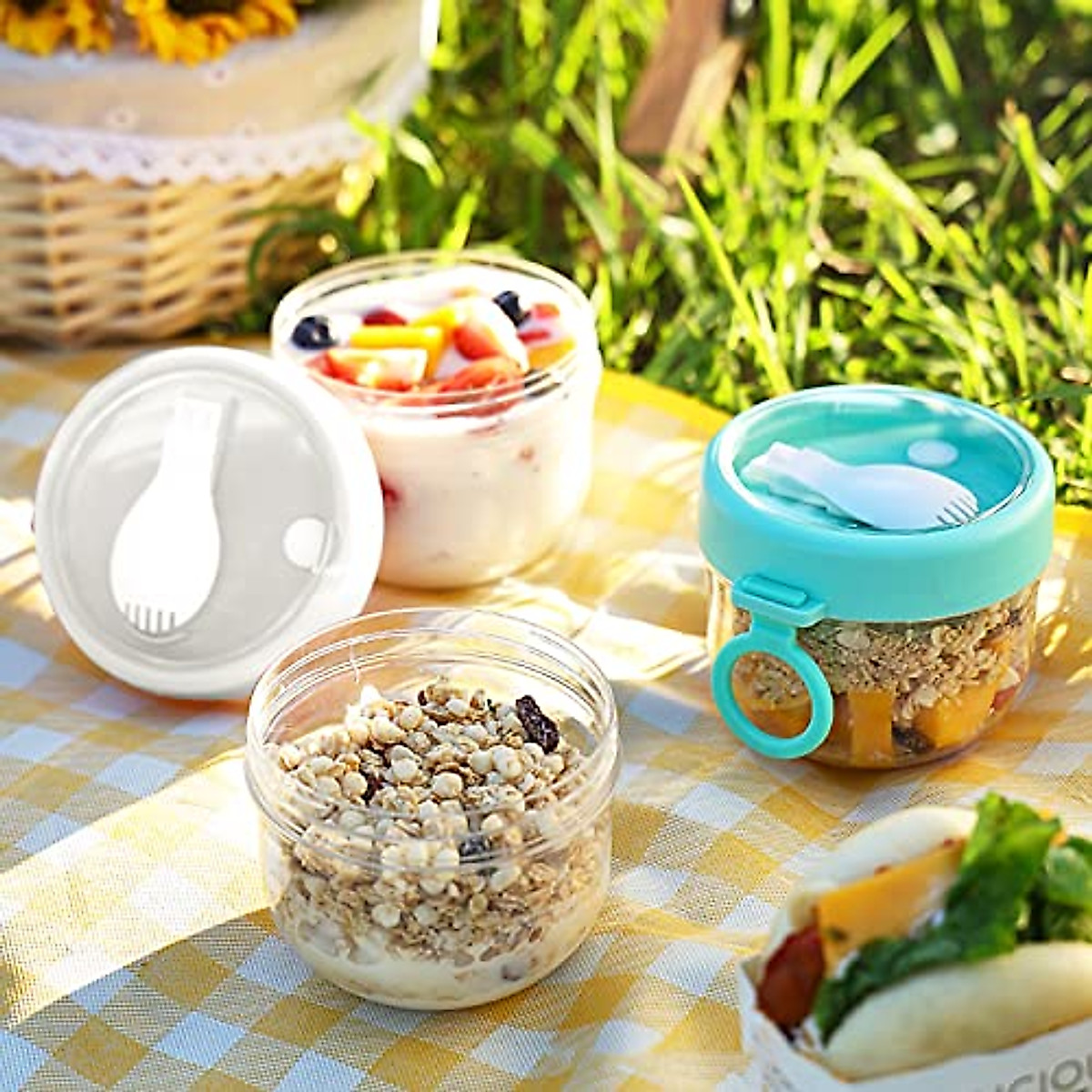 Overnight Oat Containers with Lids and Spoons 2PCS, 20oz Portable Plastic Yogurt Jars, Leak-proof Large Capacity Dessert Cups for Yogurt Breakfast On The Go Cups, Oatmeal Jars Snack Containers